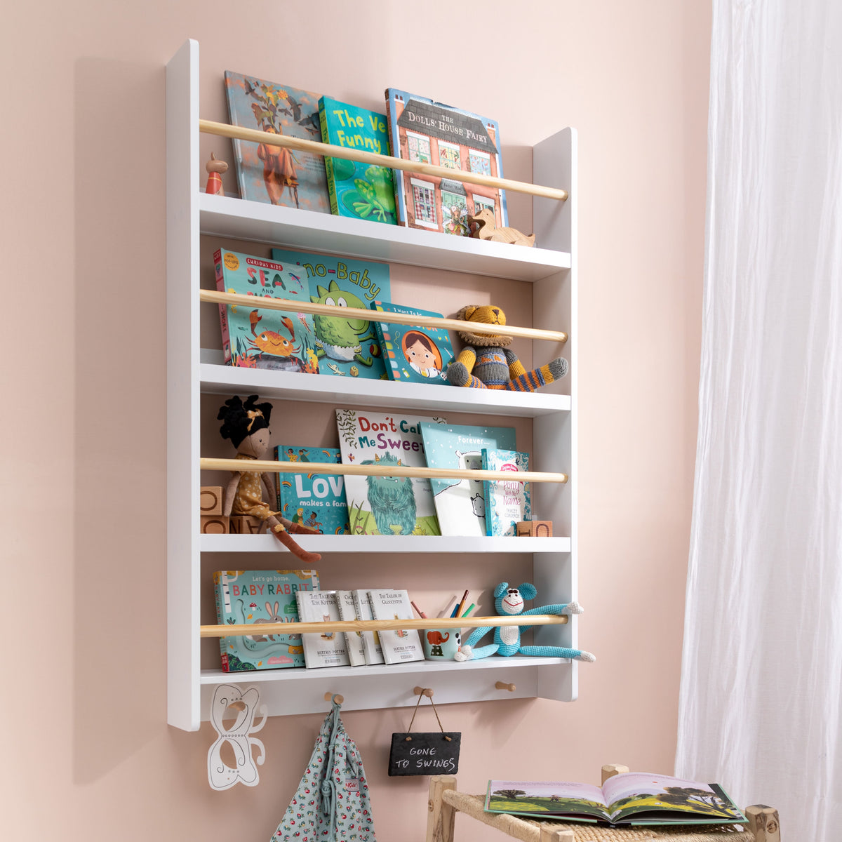 Elene Display Wide & Large Shelf Bookcase Wall Mounted & 4 Coathooks | Noa & Nani